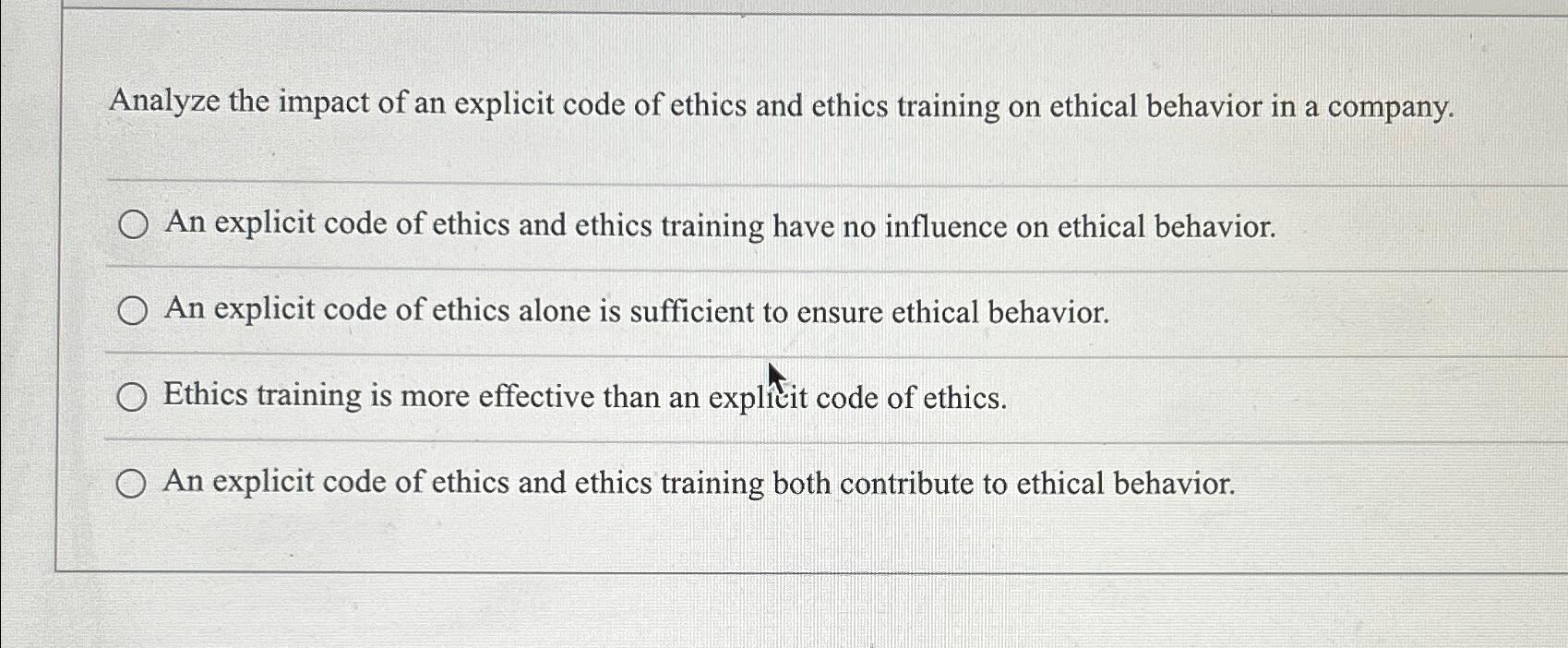 Solved Analyze the impact of an explicit code of ethics and | Chegg.com