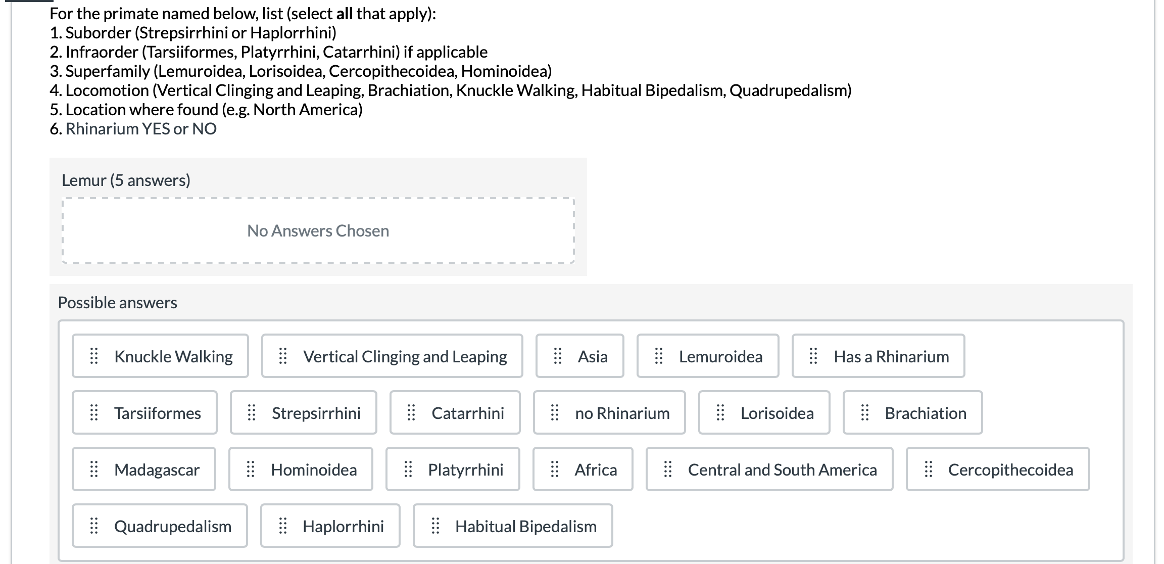 Solved For the primate named below, list (select all that | Chegg.com