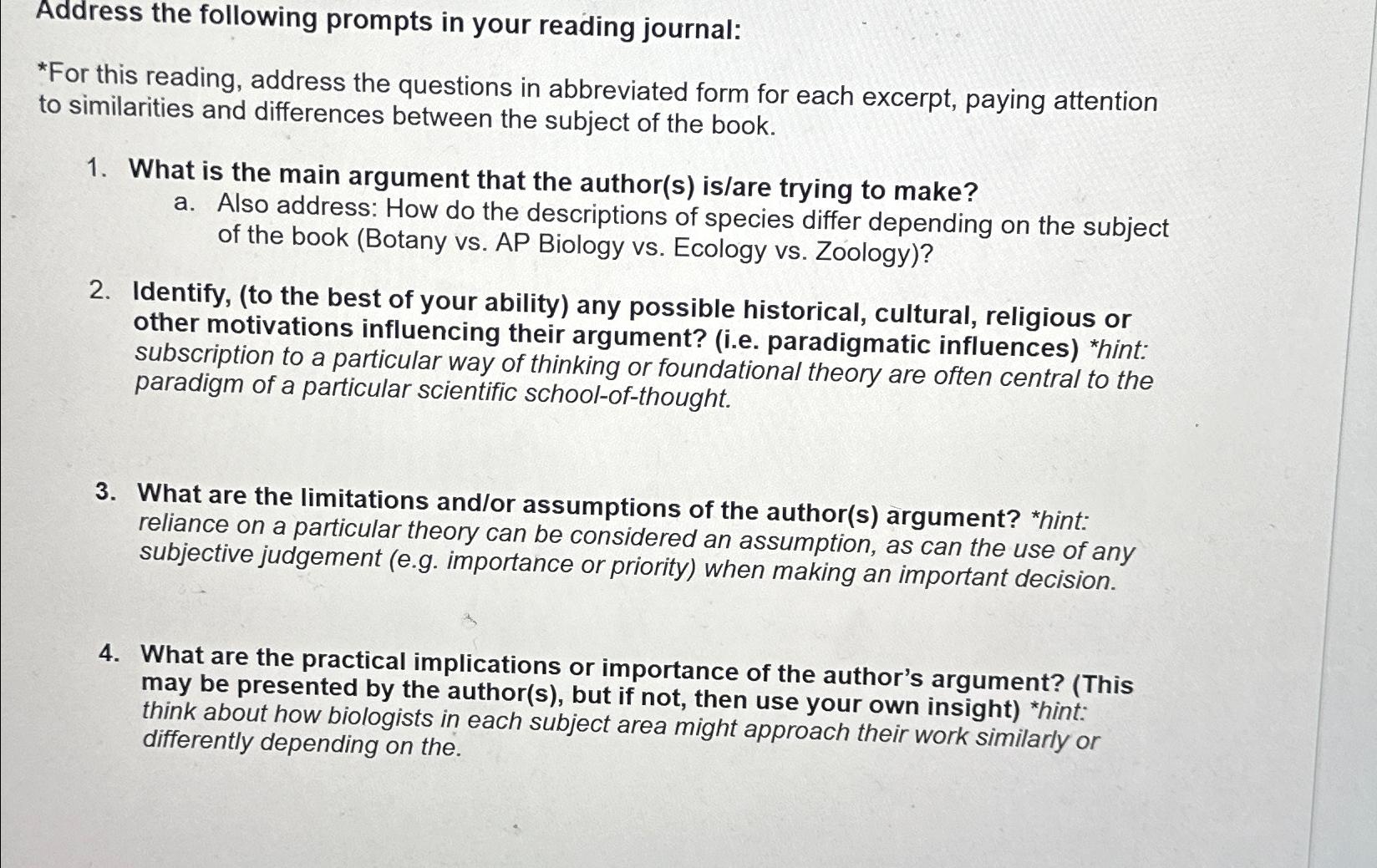 Solved Address the following prompts in your reading | Chegg.com