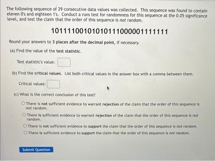 Solved The following sequence of 29 consecutive data values | Chegg.com