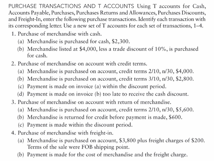 Solved PURCHASE TRANSACTIONS AND T ACCOUNTS Using T accounts | Chegg.com