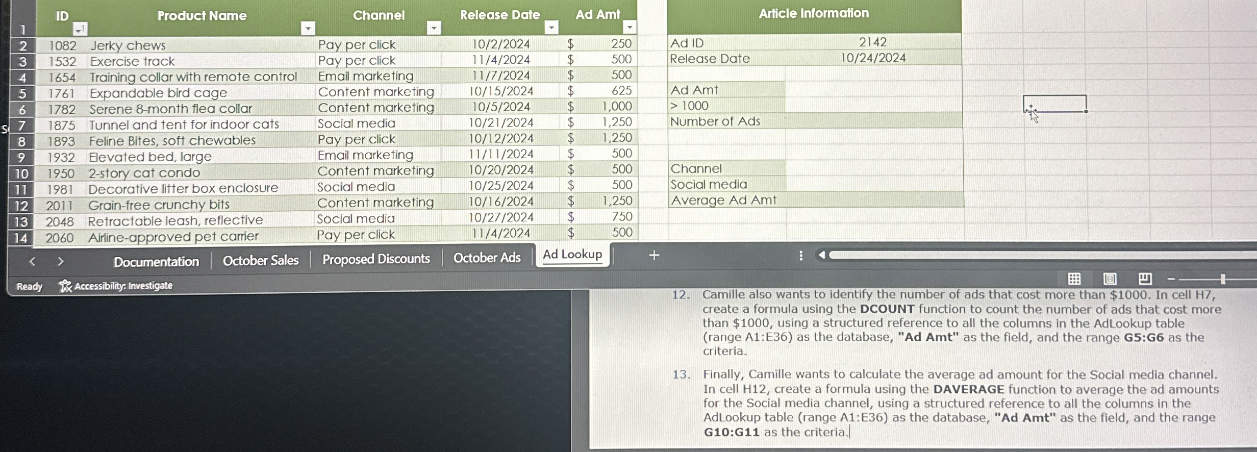 Solved 12. ﻿Camille also wants to identify the number of ads | Chegg.com