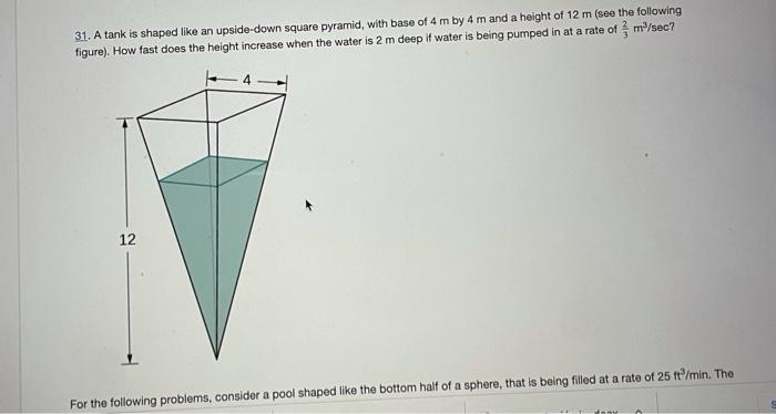 Solved 31. A tank is shaped like an upside-down square | Chegg.com