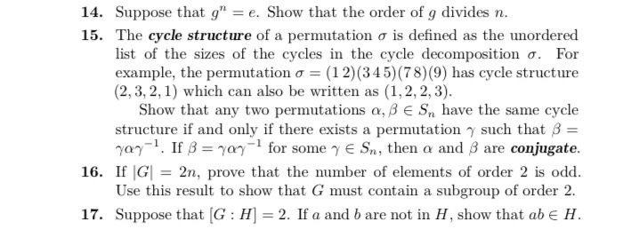 Solved 14. Suppose that gn=e. Show that the order of g | Chegg.com