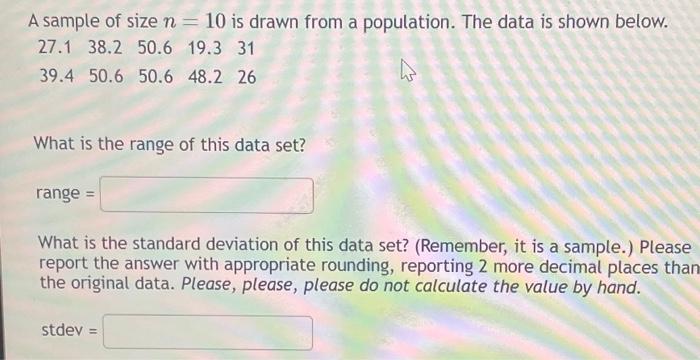 Solved A sample of size n=10 is drawn from a population. The | Chegg.com