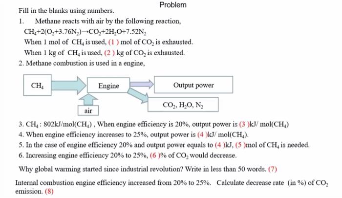 Solved Problem Fill in the blanks using numbers. 1. Methane | Chegg.com