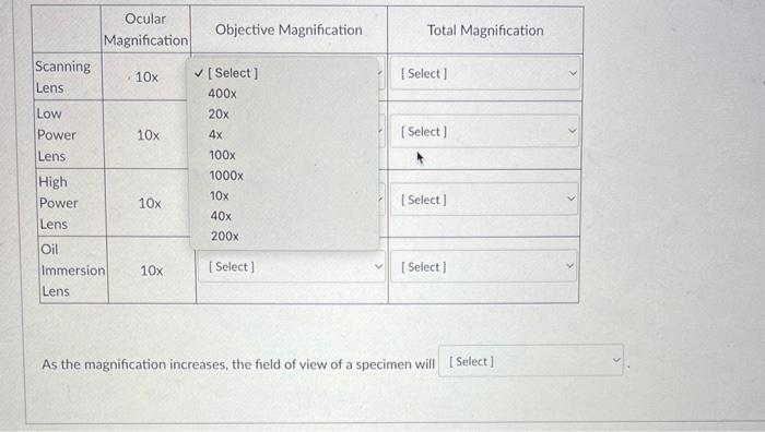 Solved As the magnification increases, the field of view of | Chegg.com