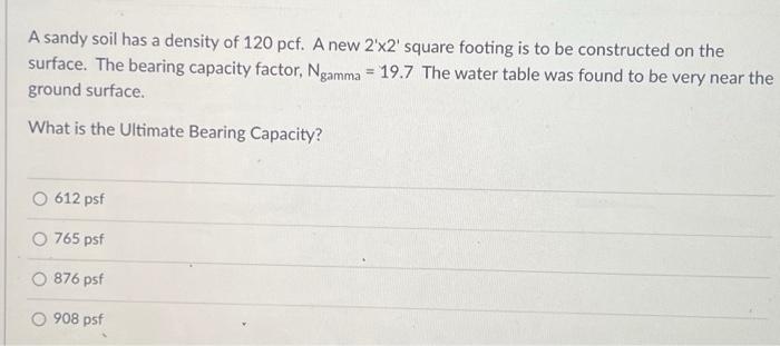 Solved A sandy soil has a density of 120 pcf. A new 2'X2' | Chegg.com