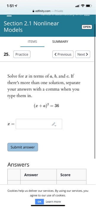 Solved 1:51 edfinity.com - Private Section 2.1 Nonlinear | Chegg.com