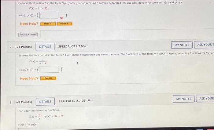 Solved F X X−8 7 F X G X X Sprecalc7 2 7 066