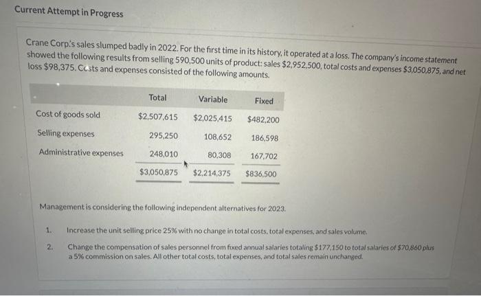 Solved Current Attempt in Progress Crane Corp.'s sales | Chegg.com