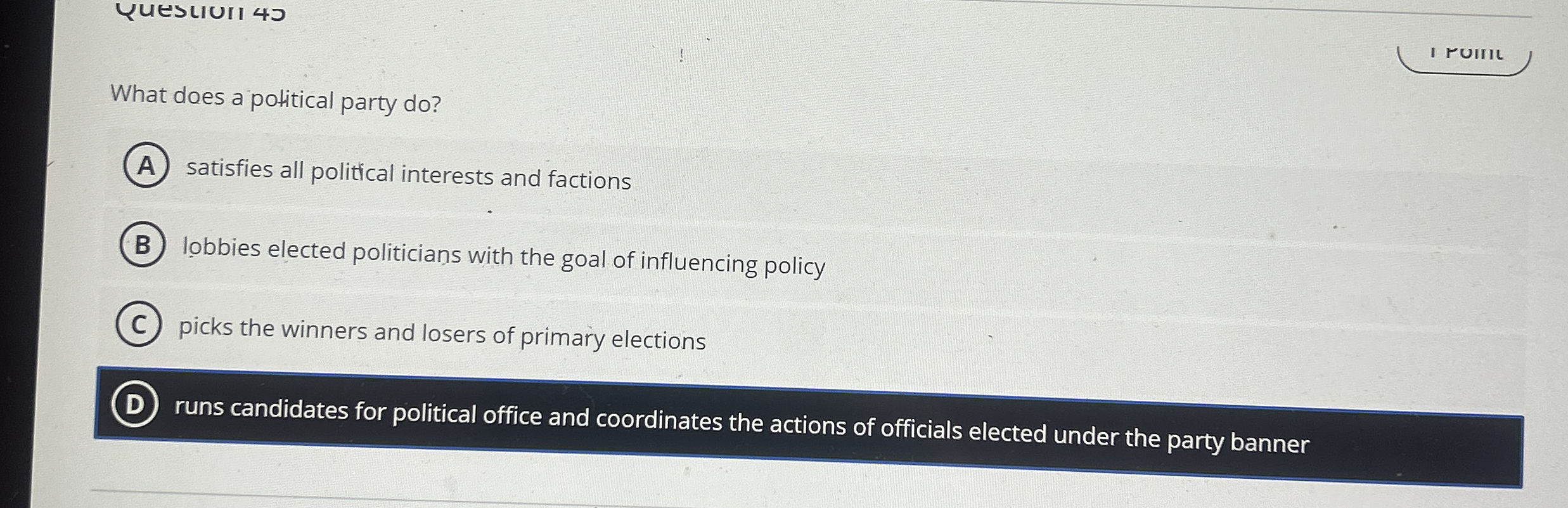 Solved What does a political party do?satisfies all | Chegg.com
