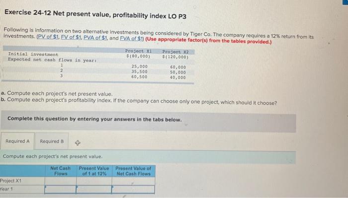 Solved Exercise 24-12 Net present value, profitability index | Chegg.com