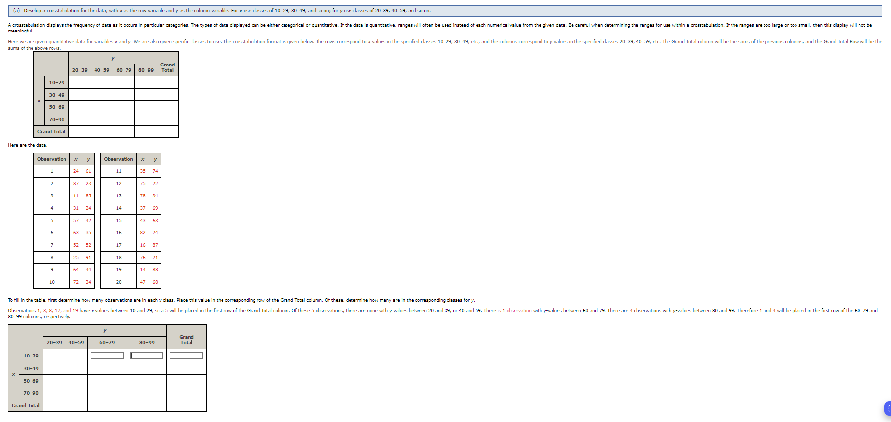 Solved (a) ﻿Develop a crosstabulation for the data, with x | Chegg.com