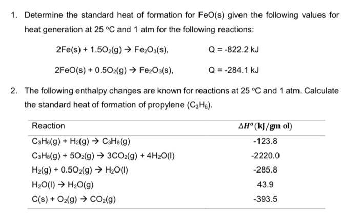 Solved 1. Determine the standard heat of formation for | Chegg.com