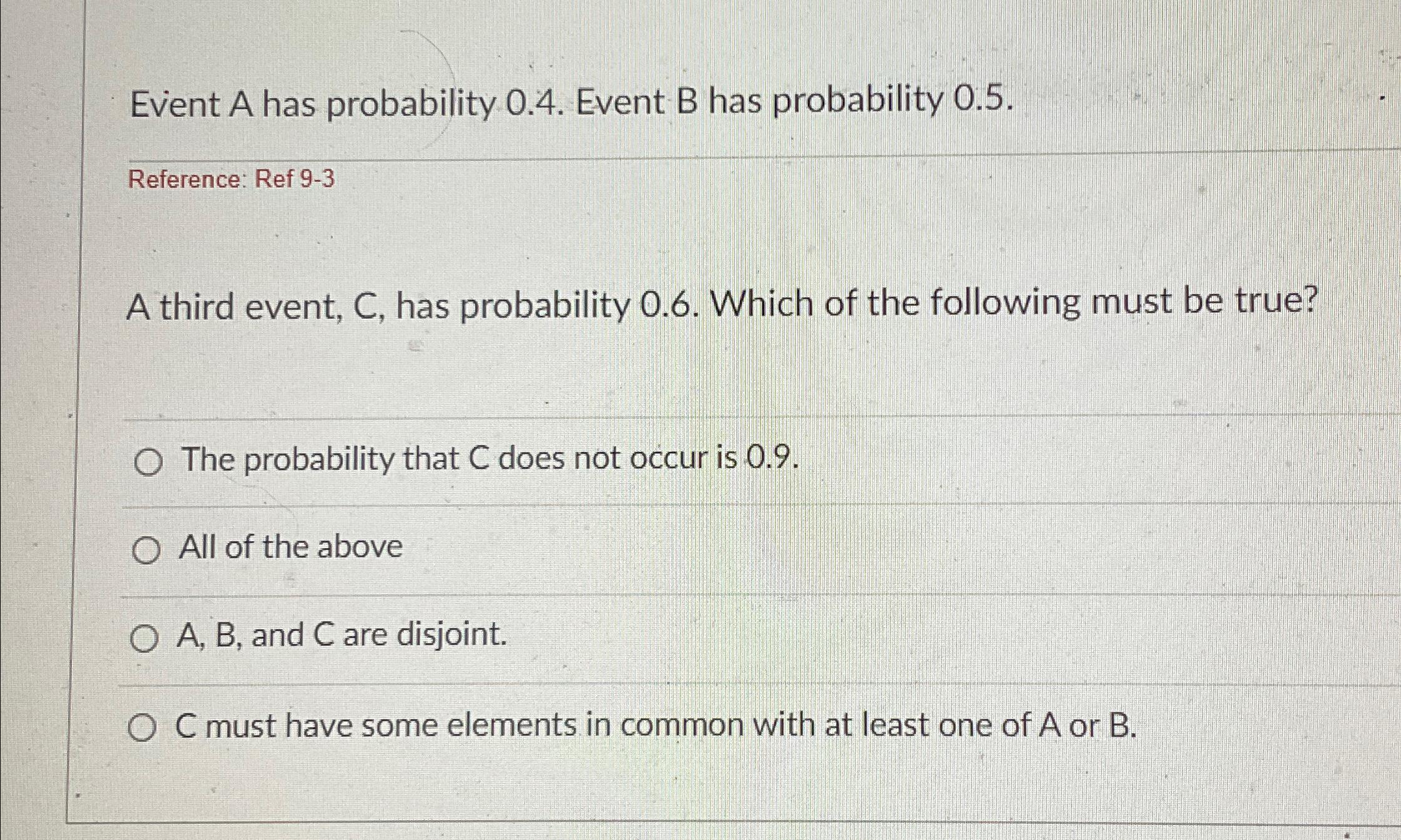 Solved Event A has probability 0.4 . Event B has probability | Chegg.com