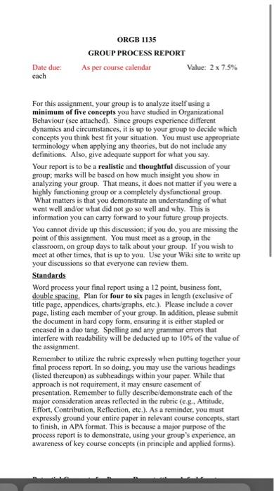 Solved ORGB 1135 GROUP PROCESS REPORT As per course calendar | Chegg.com