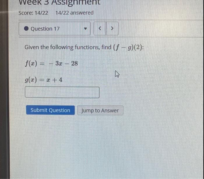 Solved Given the following functions, find (f−g)(2) : | Chegg.com