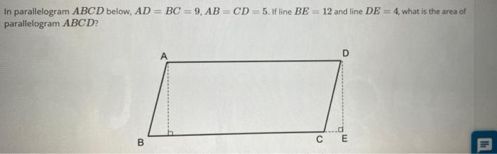 Solved In parallelogram ABCD below, AD = BC = 9, AB = CD=5. | Chegg.com