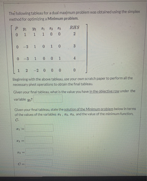 Solved The following tableau for a dual maximum problem was | Chegg.com Solved The following tableau for a dual maximum problem was | Chegg.com