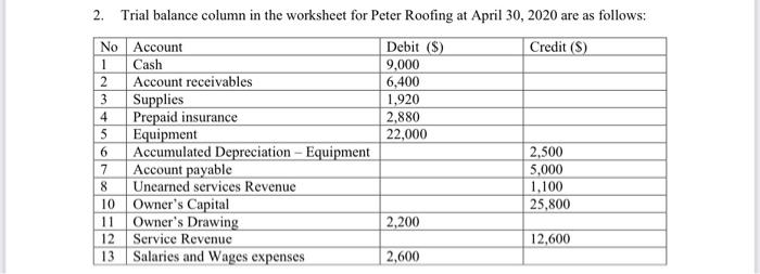 Solved 2. Trial balance column in the worksheet for Peter | Chegg.com