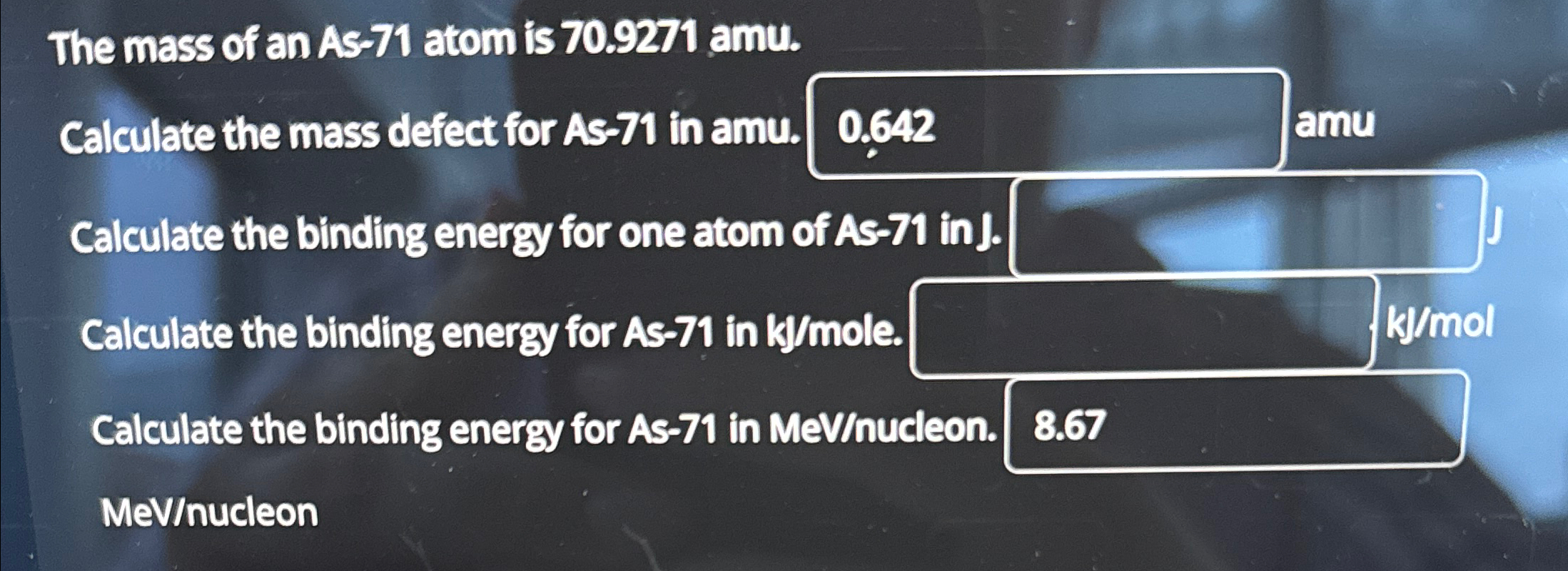Solved The mass of an As- 71 ﻿atom is 70.9271 ﻿amu.Calculate | Chegg.com