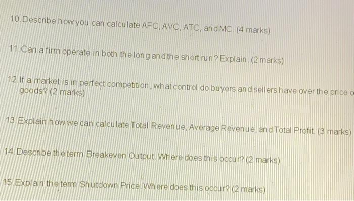 Solved 10 Describe how you can calculate AFC AVC. ATC, and | Chegg.com