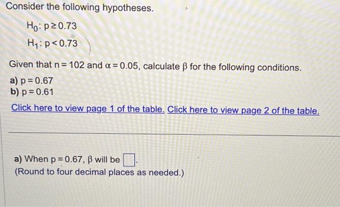 Solved Consider the following hypotheses. H0:p≥0.73H1:p