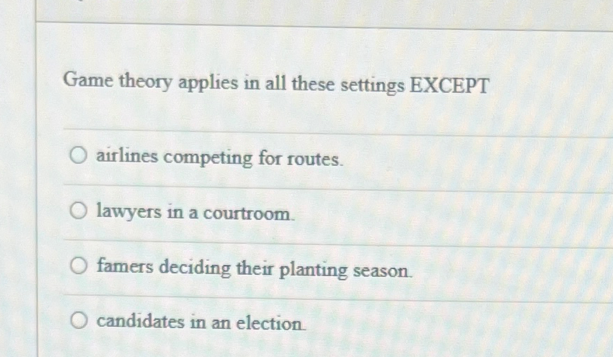 Solved Game theory applies in all these settings | Chegg.com