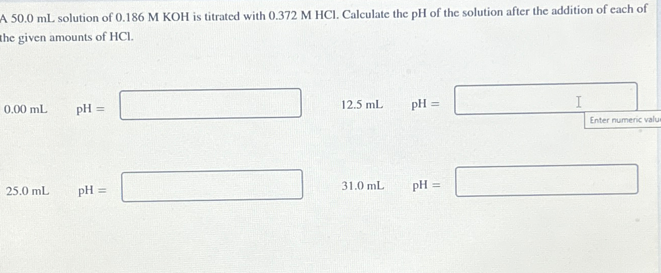 Solved A 50.0mL ﻿solution of 0.186MKOH is titrated with | Chegg.com
