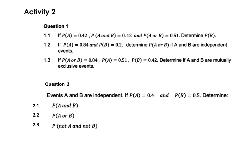 Solved Activity 2Question 11.1 ﻿If and B ﻿and or B. | Chegg.com