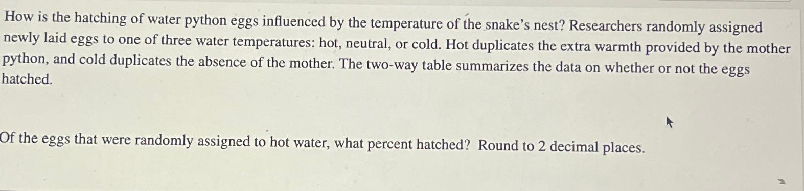 Solved How is the hatching of water python eggs influenced | Chegg.com