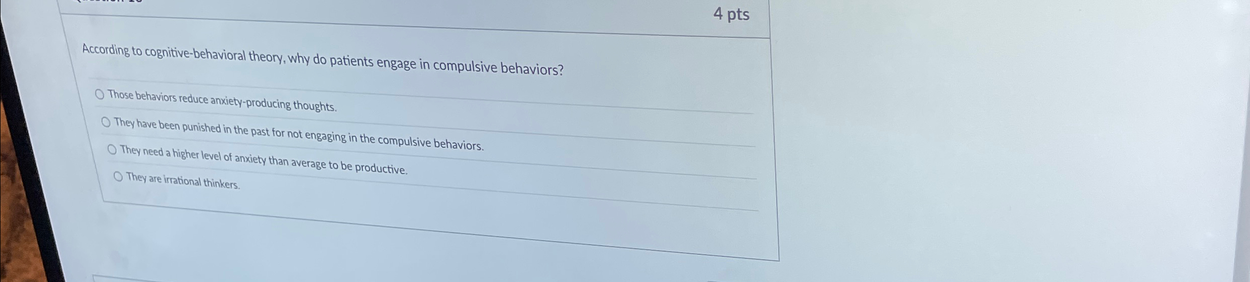 Solved 4 ﻿ptsAccording to cognitive-behavioral theory, why | Chegg.com