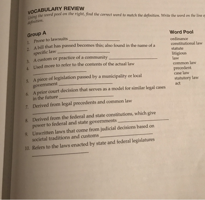 VOCABULARY REVIEW Using the word pool on the right, | Chegg.com