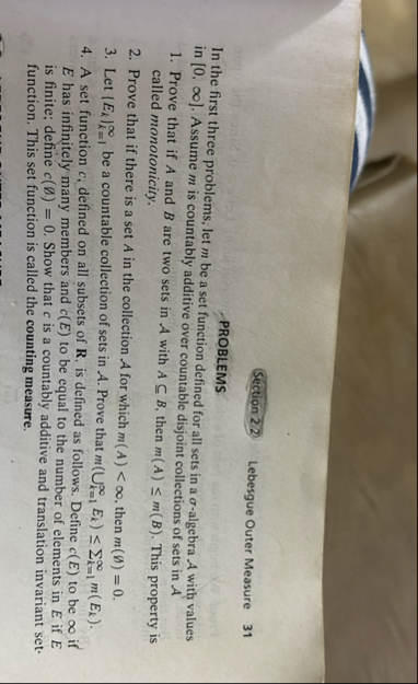 Solved Section 2.2. ﻿Lebesgue Outer Measure31PROBLEMSIn the | Chegg.com