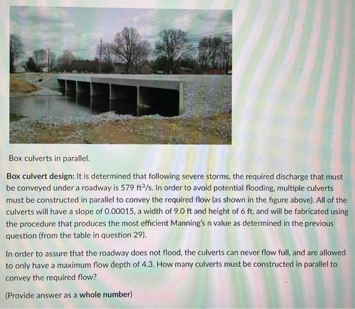 Solved Box culvert design: It is determined that following | Chegg.com