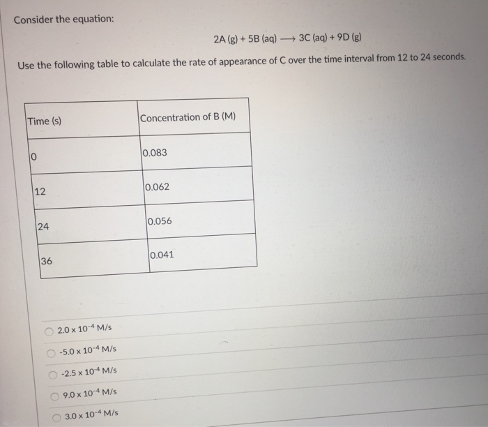 Solved Consider the equation: 2A (g) + 5B (aq) -3C (aq) + 9D | Chegg.com