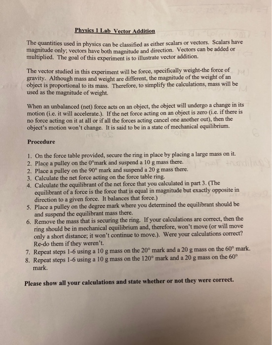 Physics 1 Lab Vector Addition The quantities used in | Chegg.com