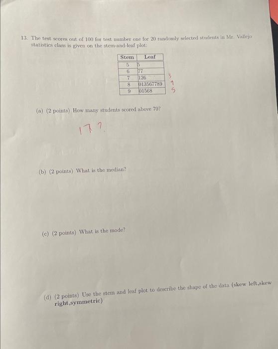 Solved 12. The test scores out of 100 for test number one | Chegg.com