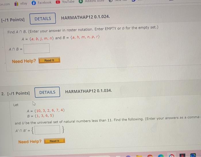 Solved Find A∩B. (Enter your answer in roster notation. | Chegg.com