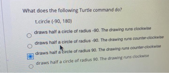 Solved What does the following Turtle command do? t.circle | Chegg.com