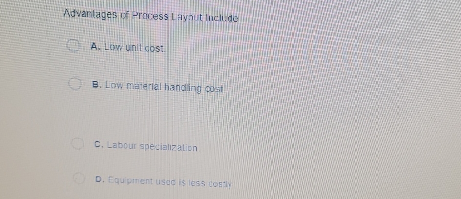 Solved Advantages of Process Layout IncludeA. ﻿Low unit | Chegg.com
