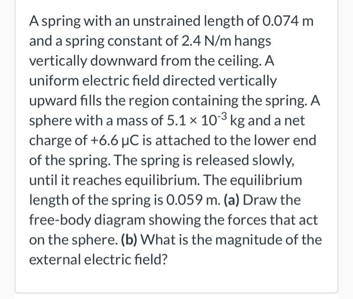 Solved A spring with an unstrained length of 0.074 m and a | Chegg.com