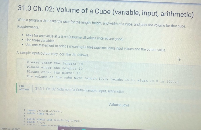 Solved 31.3 Ch. 02: Volume of a Cube (variable, input, | Chegg.com