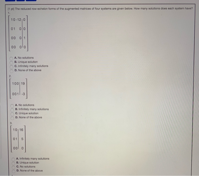 Solved (1 pt) The reduced row.echelon forms of the augmented | Chegg.com