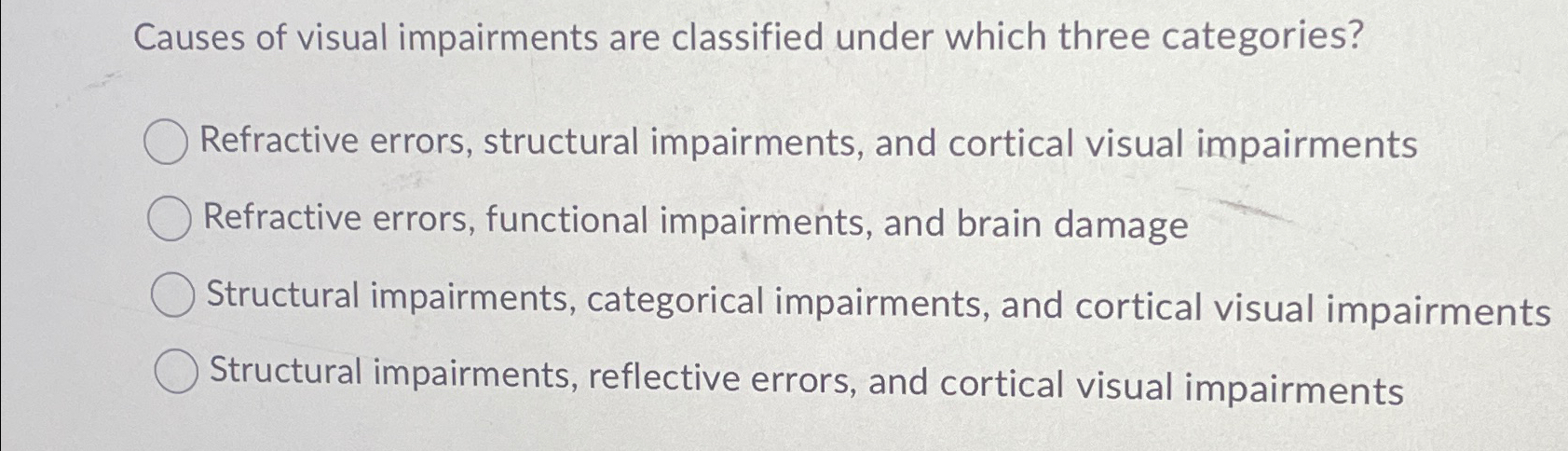 Solved Causes of visual impairments are classified under | Chegg.com