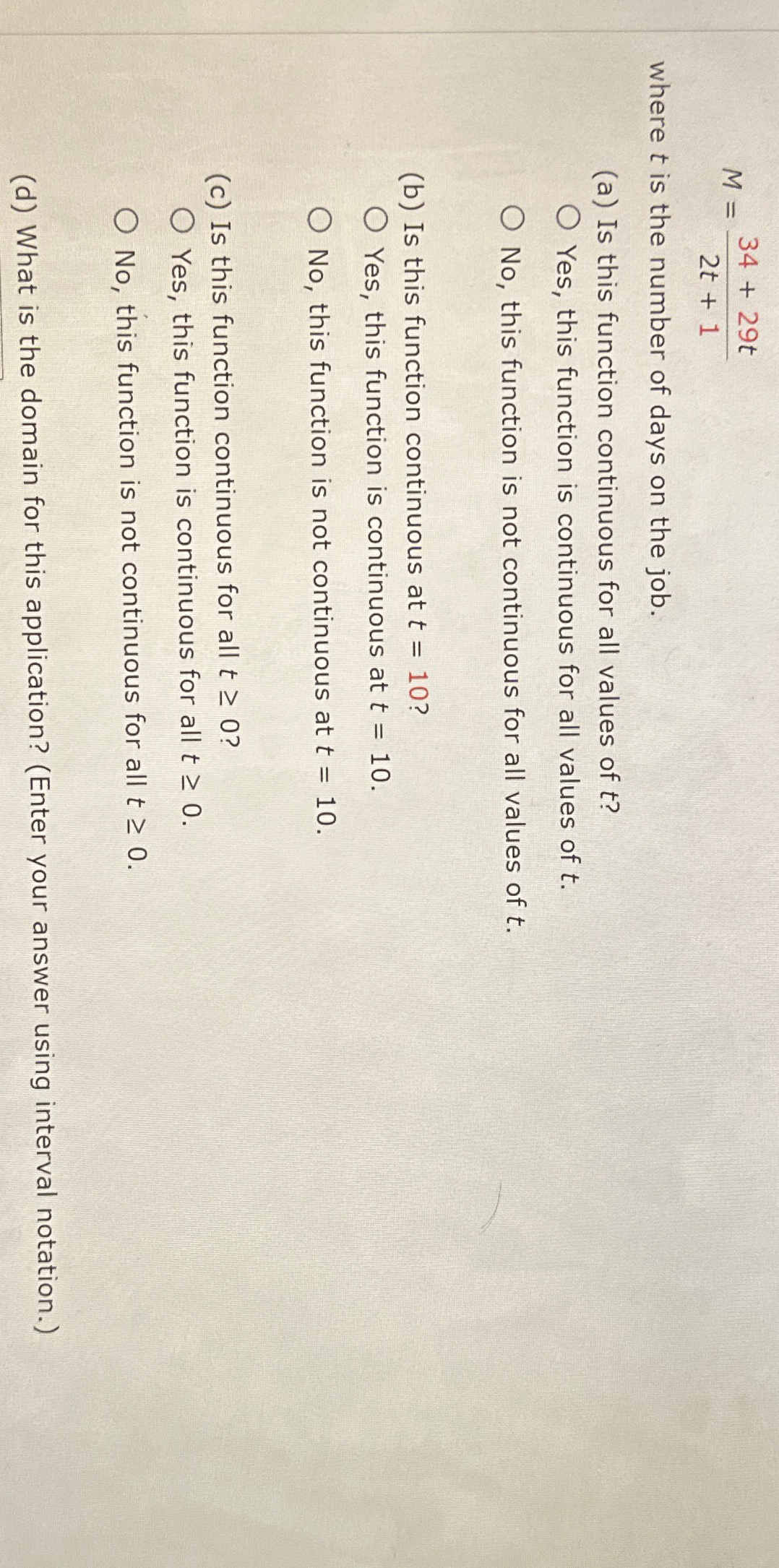 Solved M=34+29t2t+1where t ﻿is the number of days on the | Chegg.com