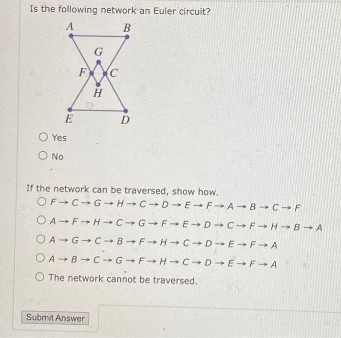 Solved Is the following network an Euler circuit? Yes No If | Chegg.com