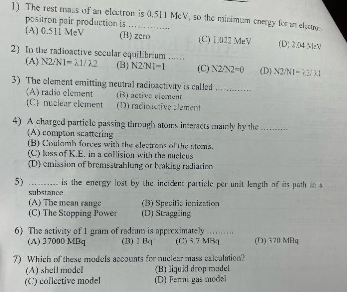 Solved 1) The rest mass of an electron is 0.511 MeV, so the | Chegg.com