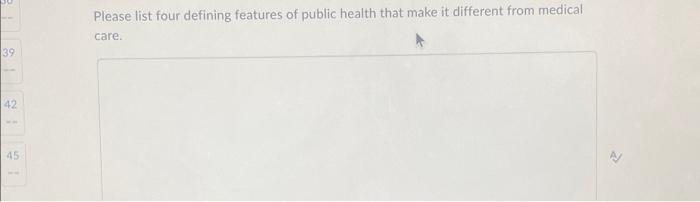 Solved Please list four defining features of public health | Chegg.com